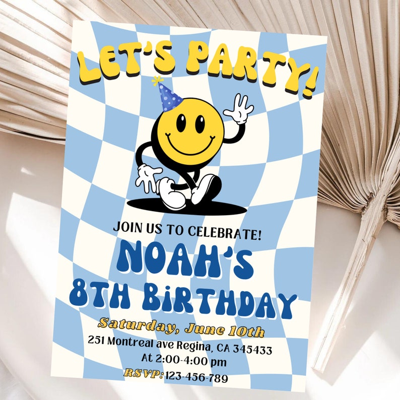 Retro Smiley Face Birthday Invitation Boys Smiley Invite Editable Kids ...