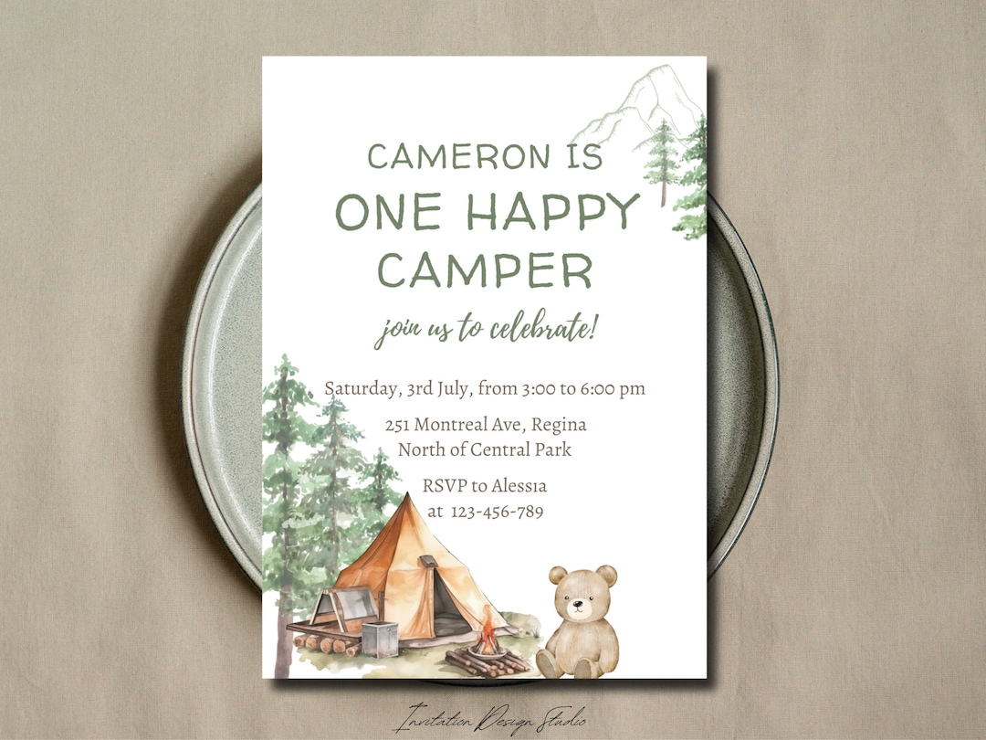 One Happy Camper Birthday Invitation Camper Invitation Wild and Tree Cute Invite - Etsy