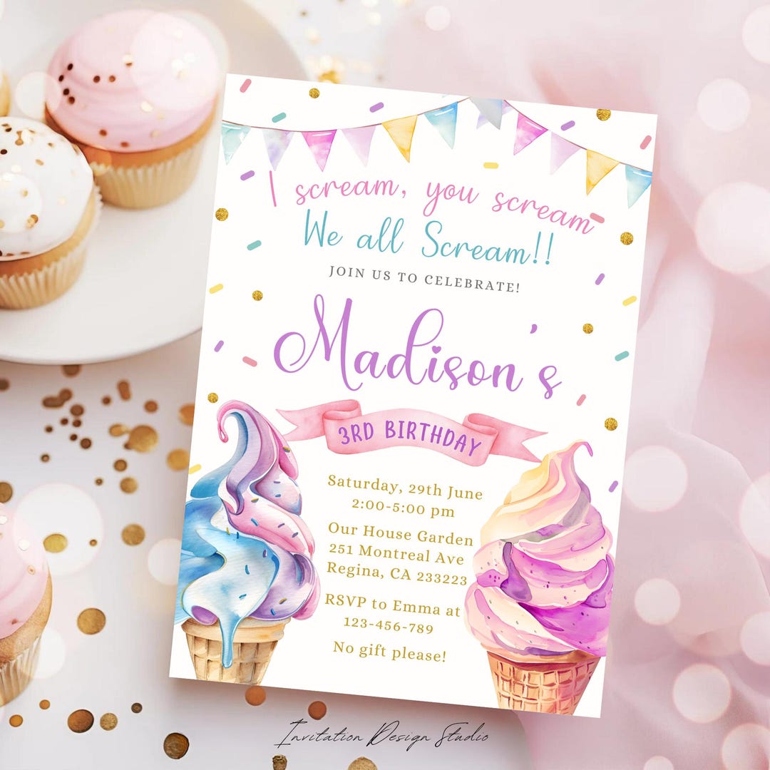Editable Ice Cream Birthday Invitation Blush Pink Cute Invite Ice Cream ...