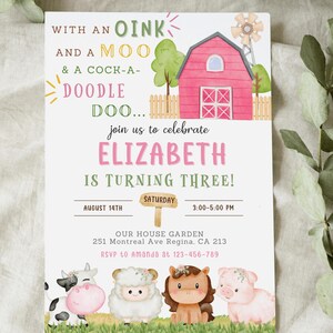 Editable Farm Animals Invitation Pink Farm Animals Birthday Invitation ...