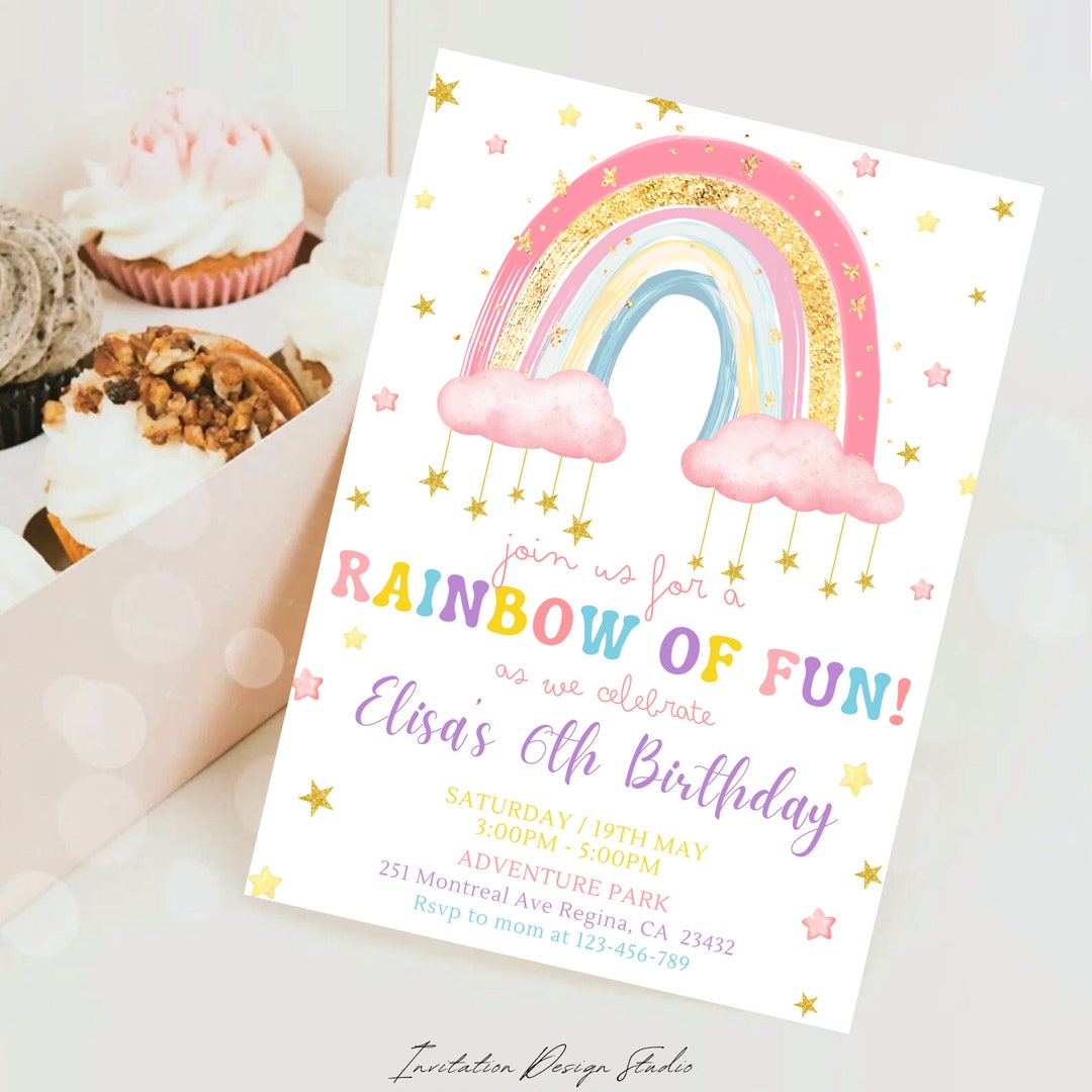Editable Rainbow Birthday Invitation Rainbow Theme Party Colorful ...