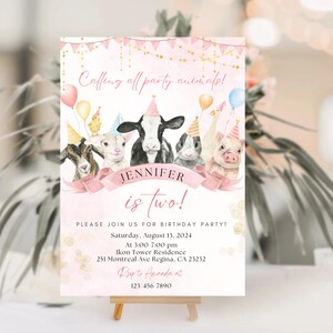 Editable Pink Farm Animals Birthday Invitation Girl Barn Animals ...
