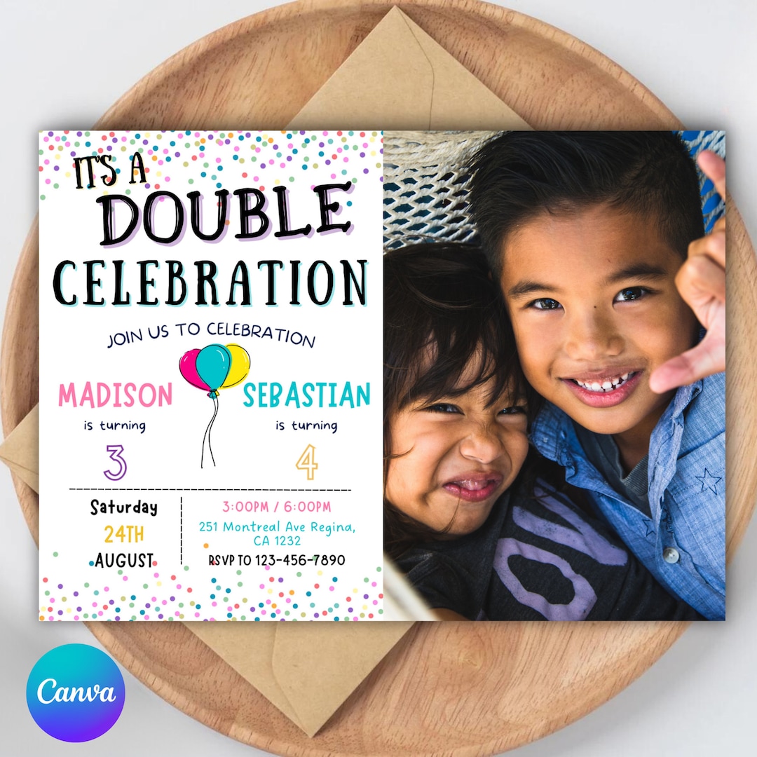 Twins Birthday Invitation With Photo Rainbow Confetti Joint Invitation ...