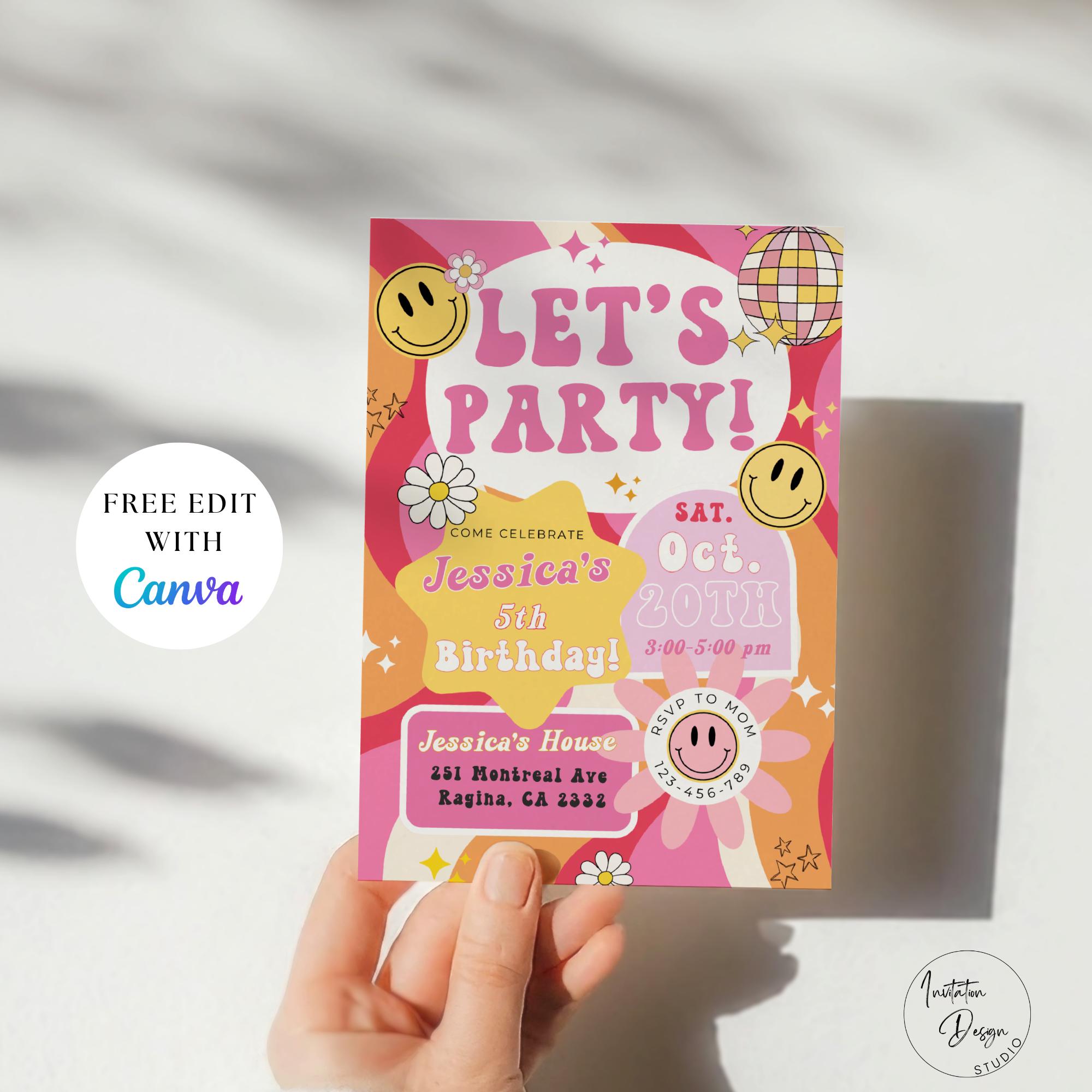 Retro Smiley Face Birthday Invitation Groovy Smiley Emoji Invitation ...