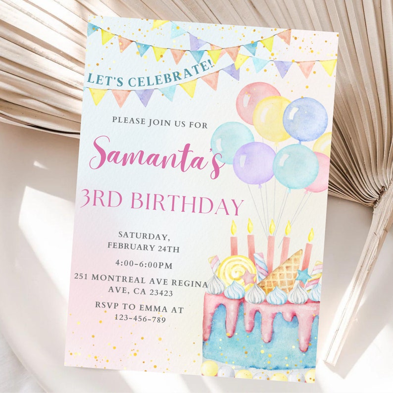 Rainbow Ballons Birthday Invitation Editable Watercolor Invitation ...