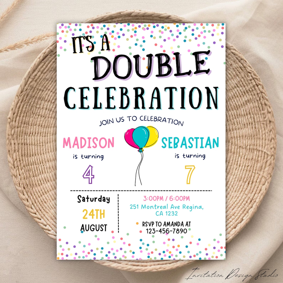 Double Celebration Boy and Girl Invite Rainbow Confetti Sibling ...