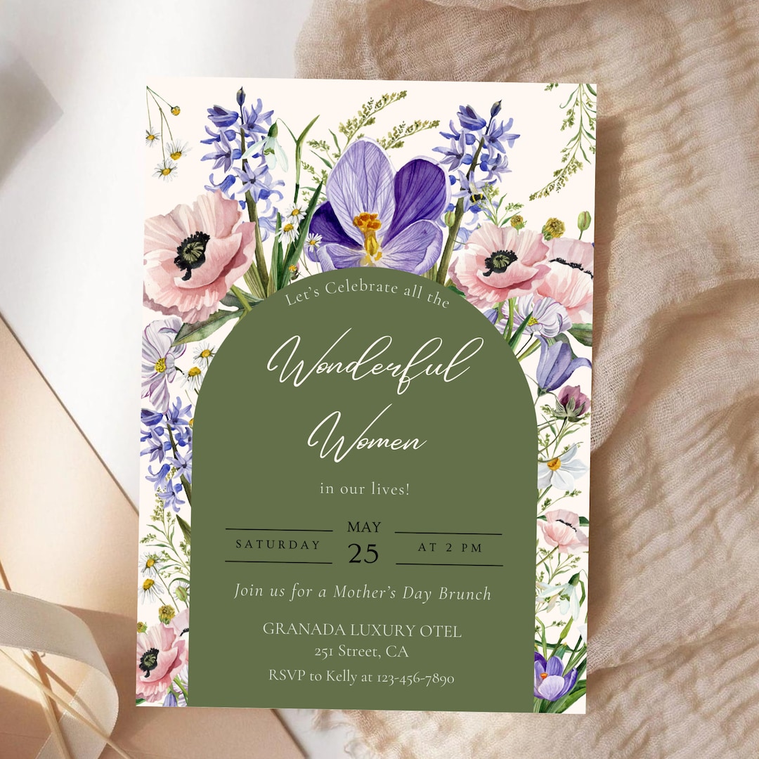 Editable Mothers Day Invitation Wonderful Woman Floral Cute Invite ...