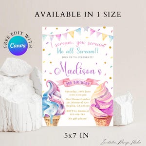 Editable Ice Cream Birthday Invitation Blush Pink Cute Invite Ice Cream ...