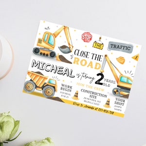 Editable Excavator Digger Birthday Invitation Construction Theme Dump ...