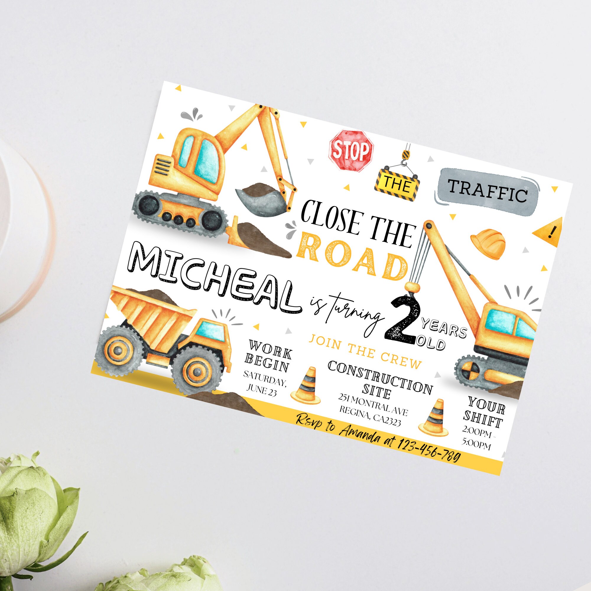 Editable Excavator Digger Birthday Invitation Construction Theme Dump ...