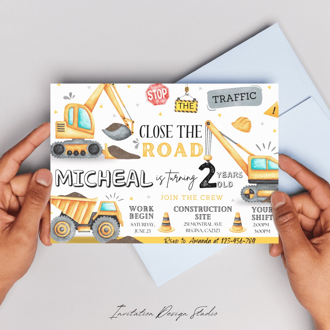 Editable Excavator Digger Birthday Invitation Construction Theme Dump ...