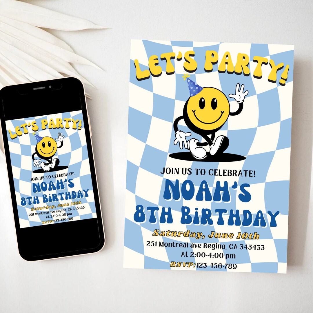 Retro Smiley Face Birthday Invitation Boys Smiley Invite Editable Kids ...