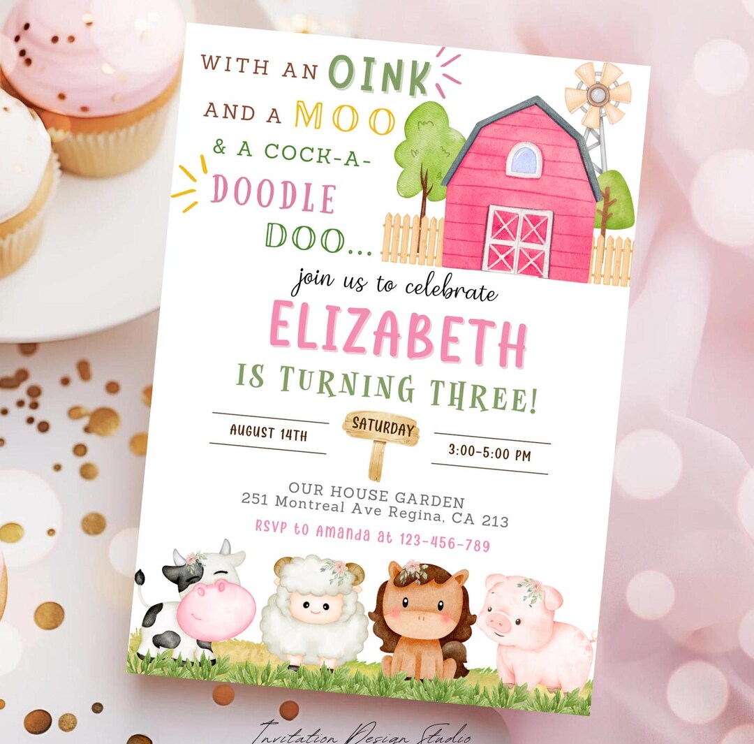 Editable Farm Animals Invitation Pink Farm Animals Birthday Invitation ...