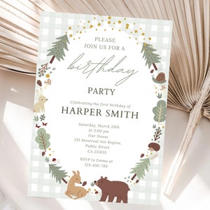 Editable Green Woodland Birthday Invitation Woodland Wild Invite Green ...