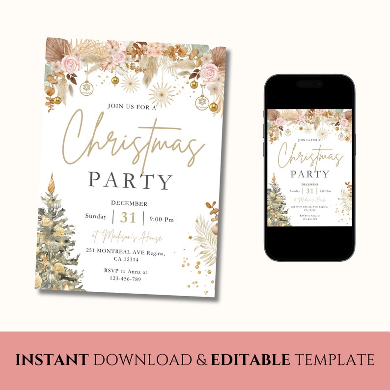 Editable Boho Christmas Party Invitation - Jingle and Mingle Boho Theme ...