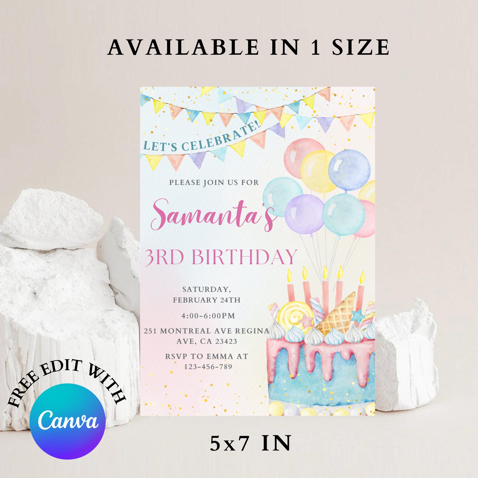 Rainbow Ballons Birthday Invitation Editable Watercolor Invitation ...