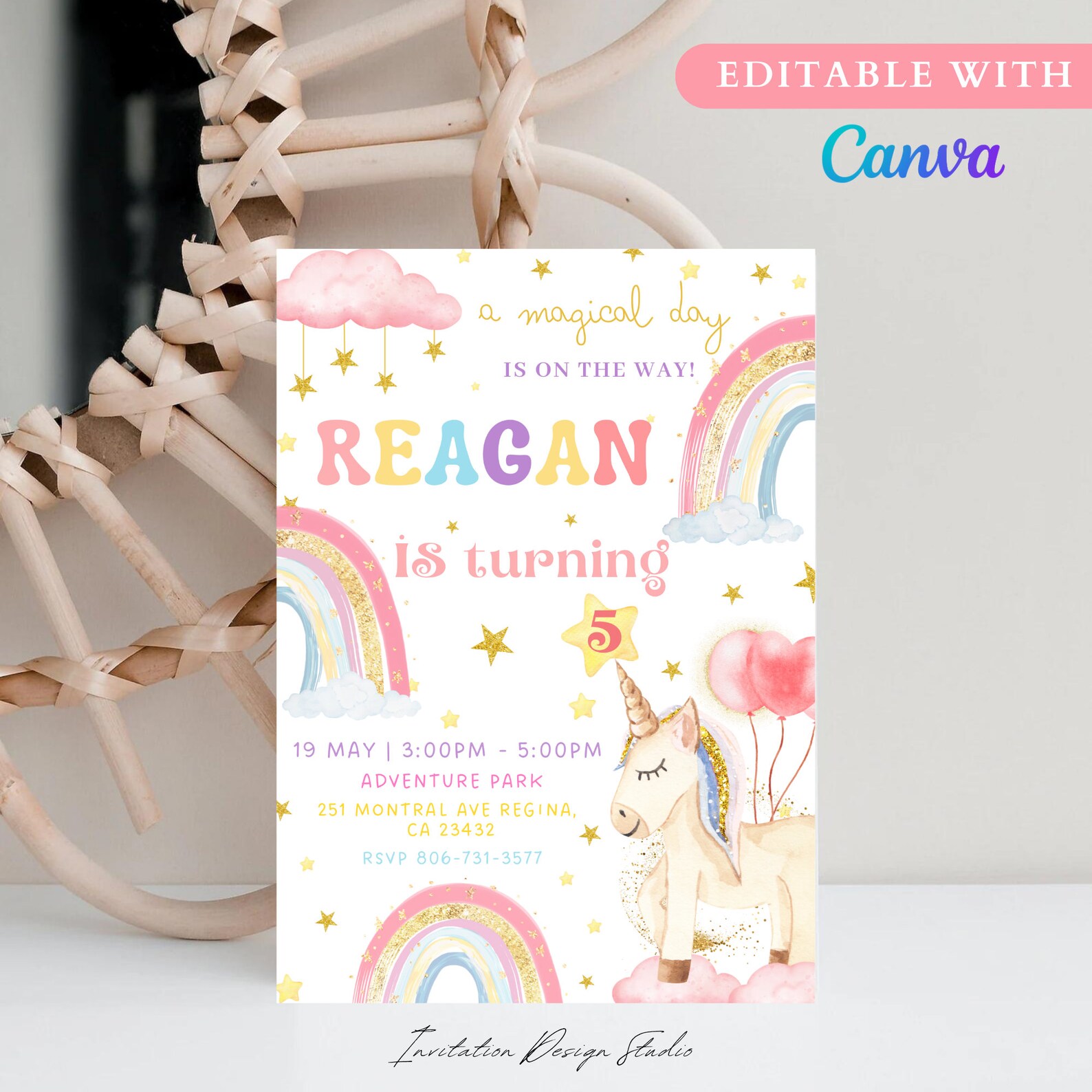 Editable Rainbow Unicorn Birthday Invitation Rainbow Theme Party ...