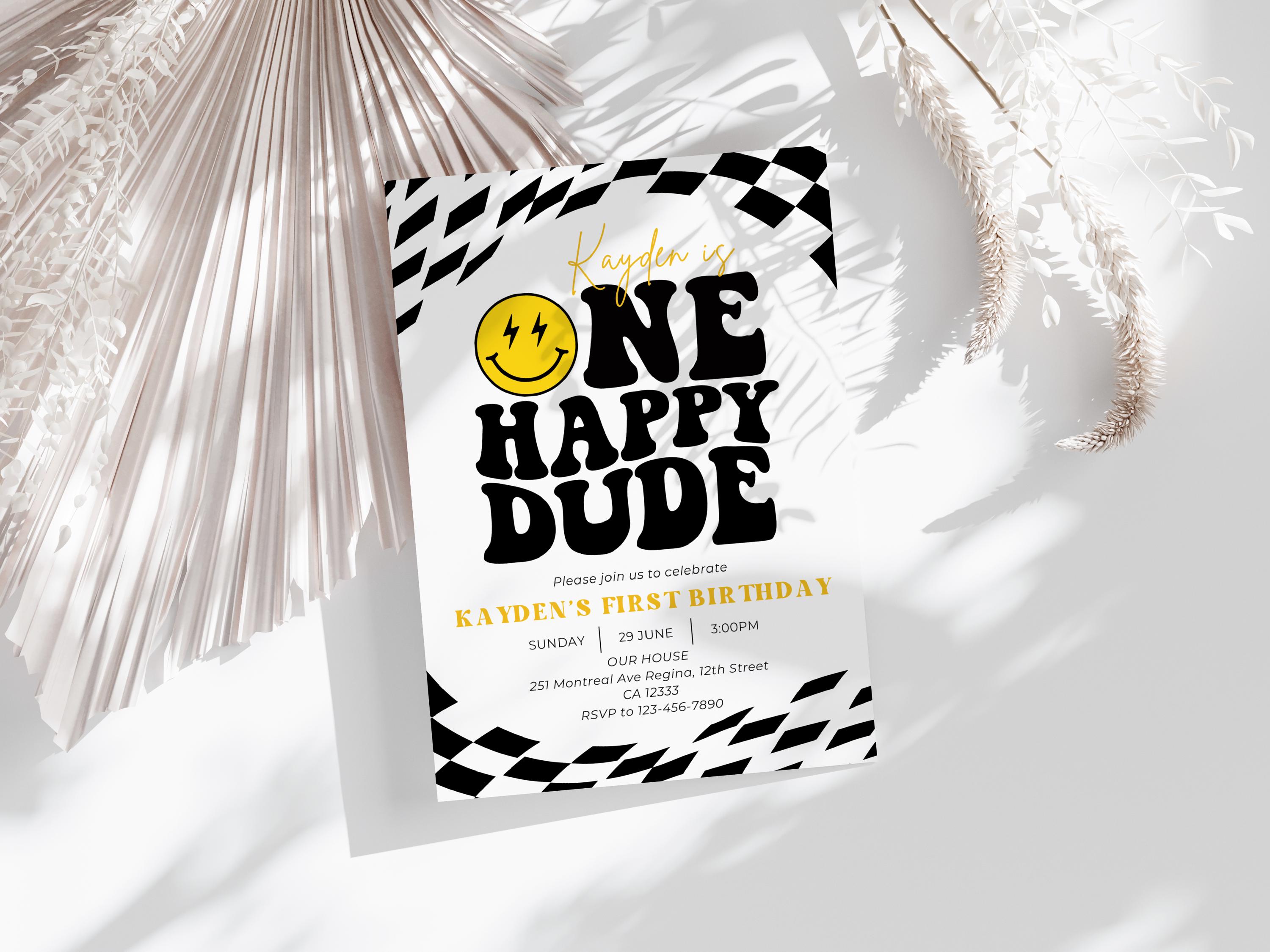 One Happy Dude Invitation Smiley Face Birthday Invitation One Cool Dude ...