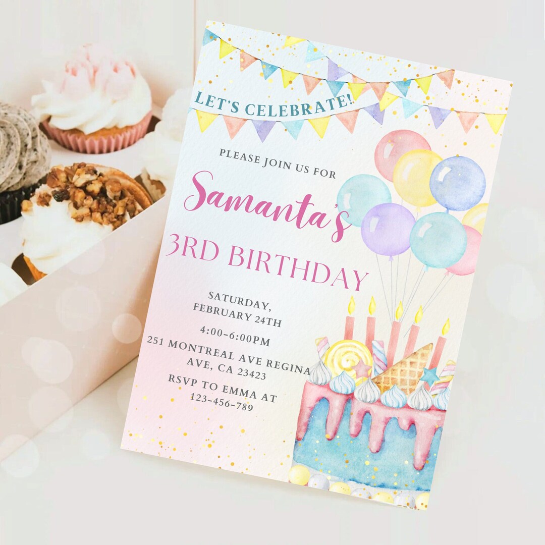 Rainbow Ballons Birthday Invitation Editable Watercolor Invitation ...