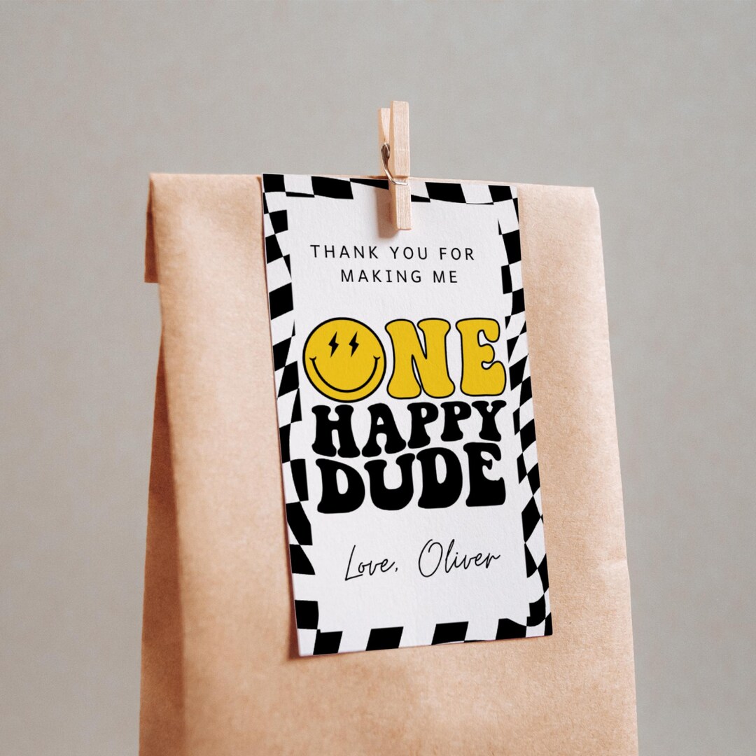 One Happy Dude Thank You Tag Smiley Face Birthday Favor Tag One Happy ...