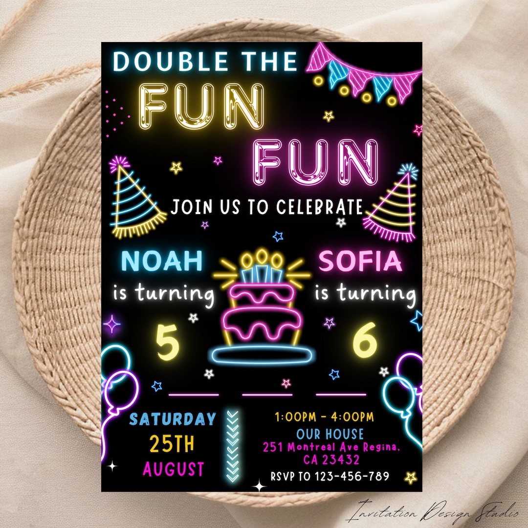 Neon Birthday Sibling Invitation Dual Birthday Boy and Girl Invite ...