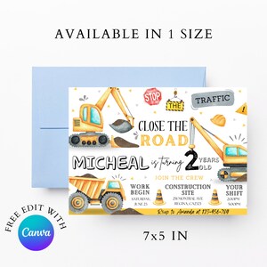 Editable Excavator Digger Birthday Invitation Construction Theme Dump ...