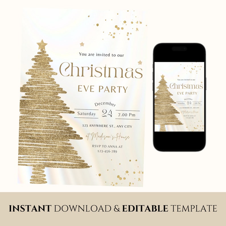 Editable Gold Boho Christmas Party Invitation - Jingle and Mingle Gold ...