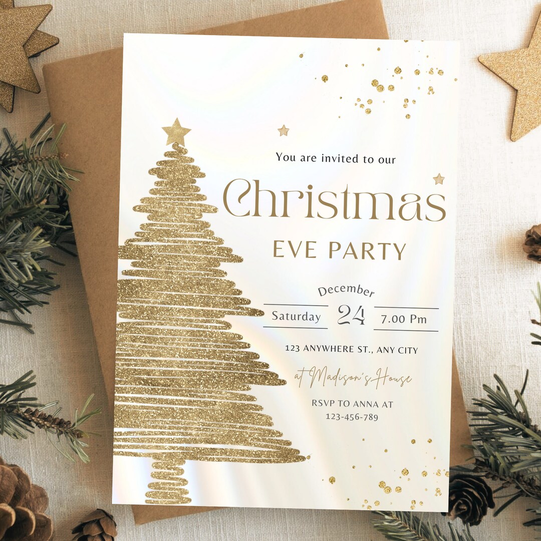 Editable Gold Boho Christmas Party Invitation - Jingle and Mingle Gold ...