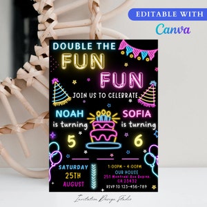 Neon Birthday Sibling Invitation Dual Birthday Boy and Girl Invite ...