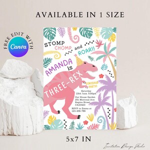 Three Rex Girl Birthday Invitation Pastel Dinosaur Invitation Three Rex ...