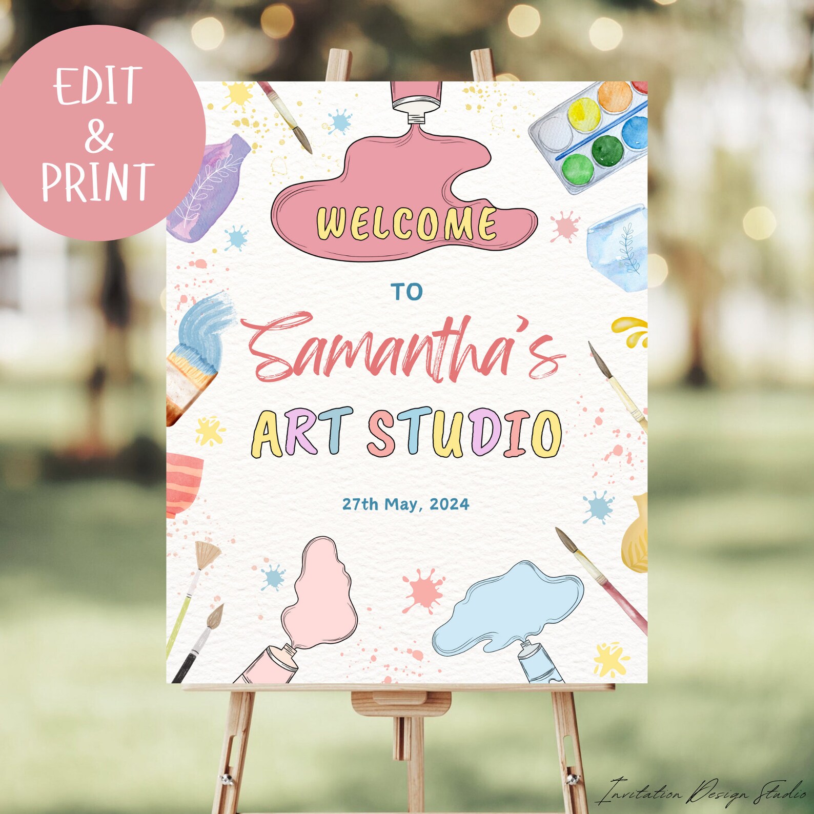 Editable Art Paint Birthday Welcome Sign Pottery Theme Party Welcome ...