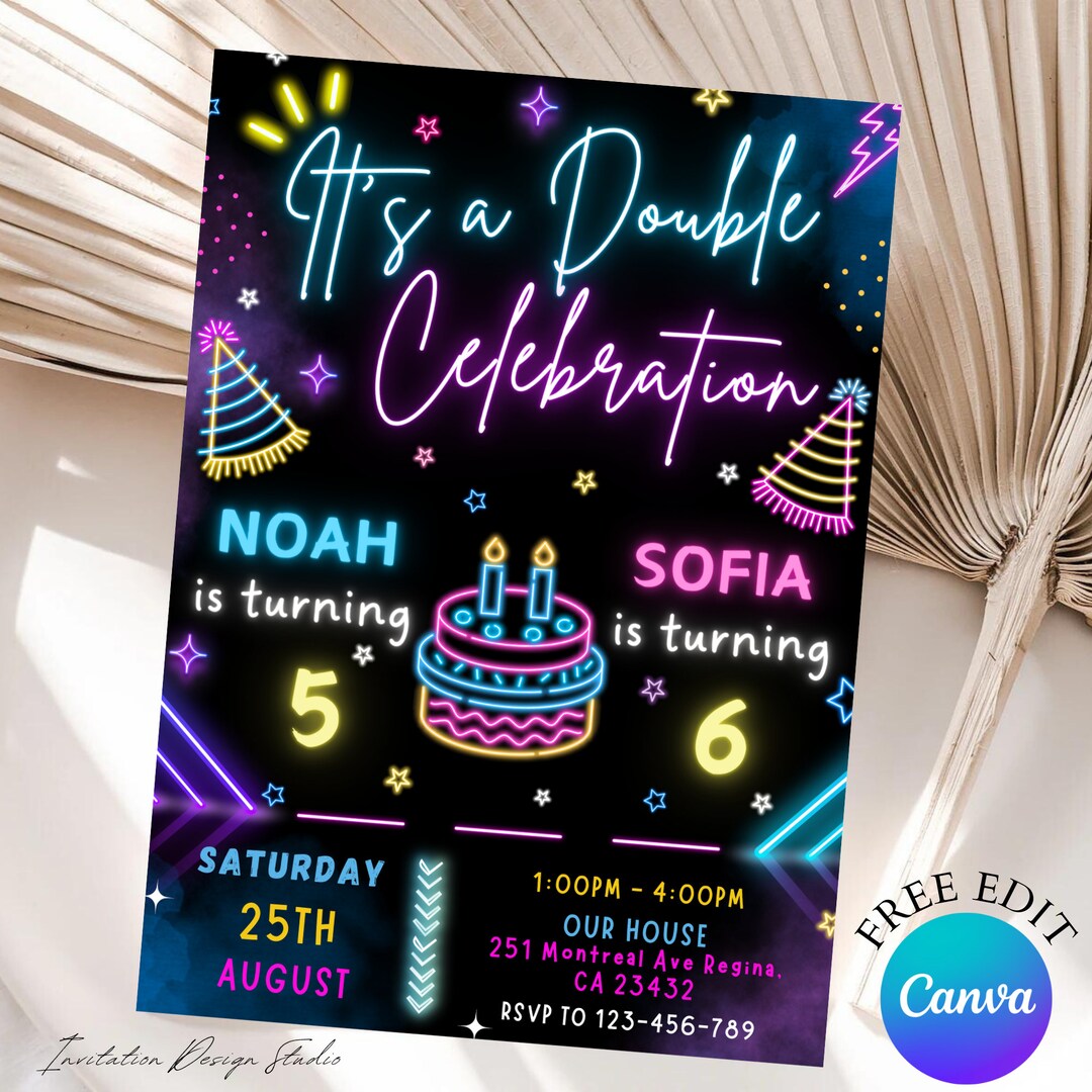Editable Sibling Birthday Invitation Neon Birthday Combine Invitation ...