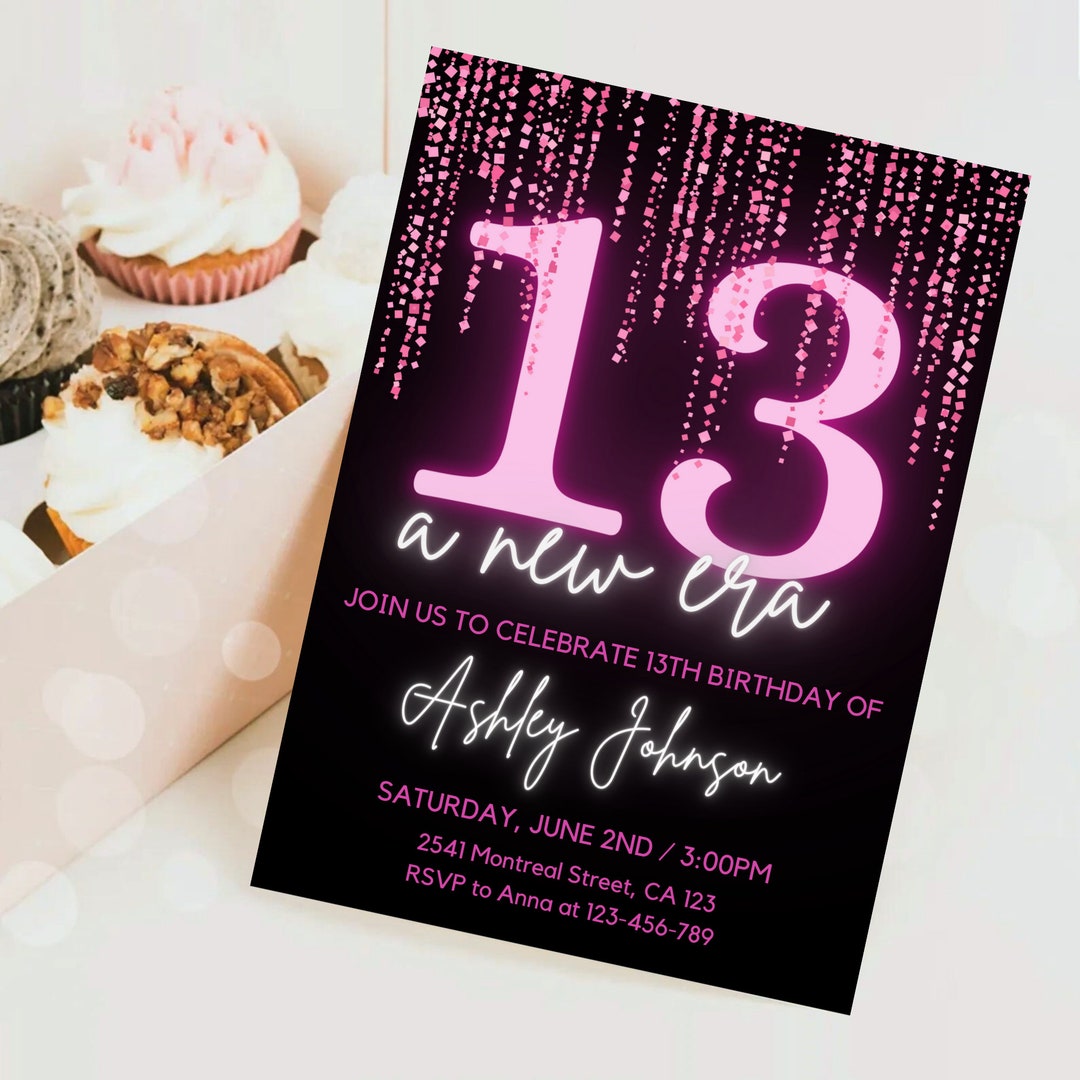 Editable 13th Birthday Invitation Neon Teenager Birthday Invitation ...