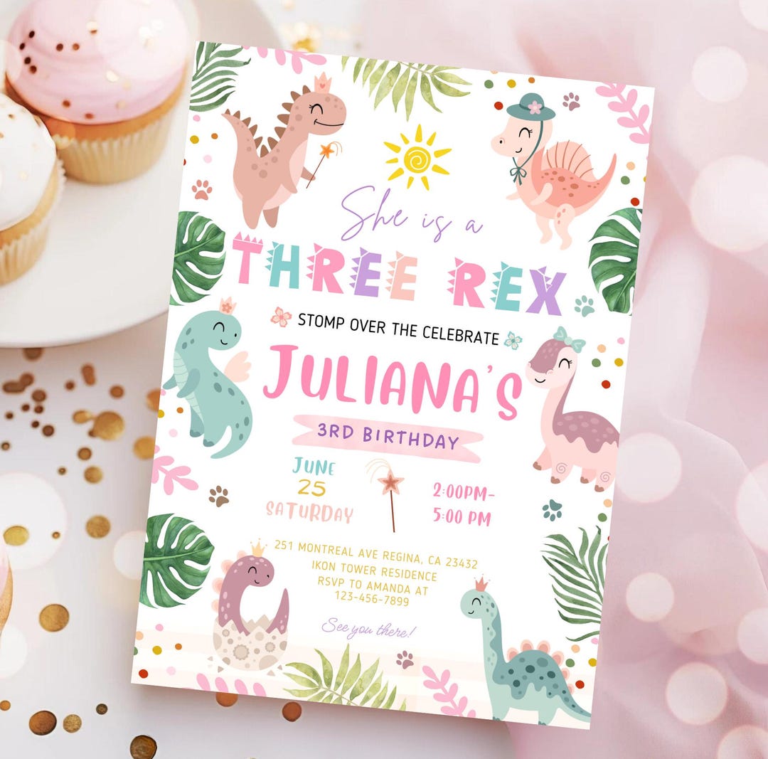 Three Rex Girl Birthday Invitation Pastel Dinosaur Invitation Digital ...