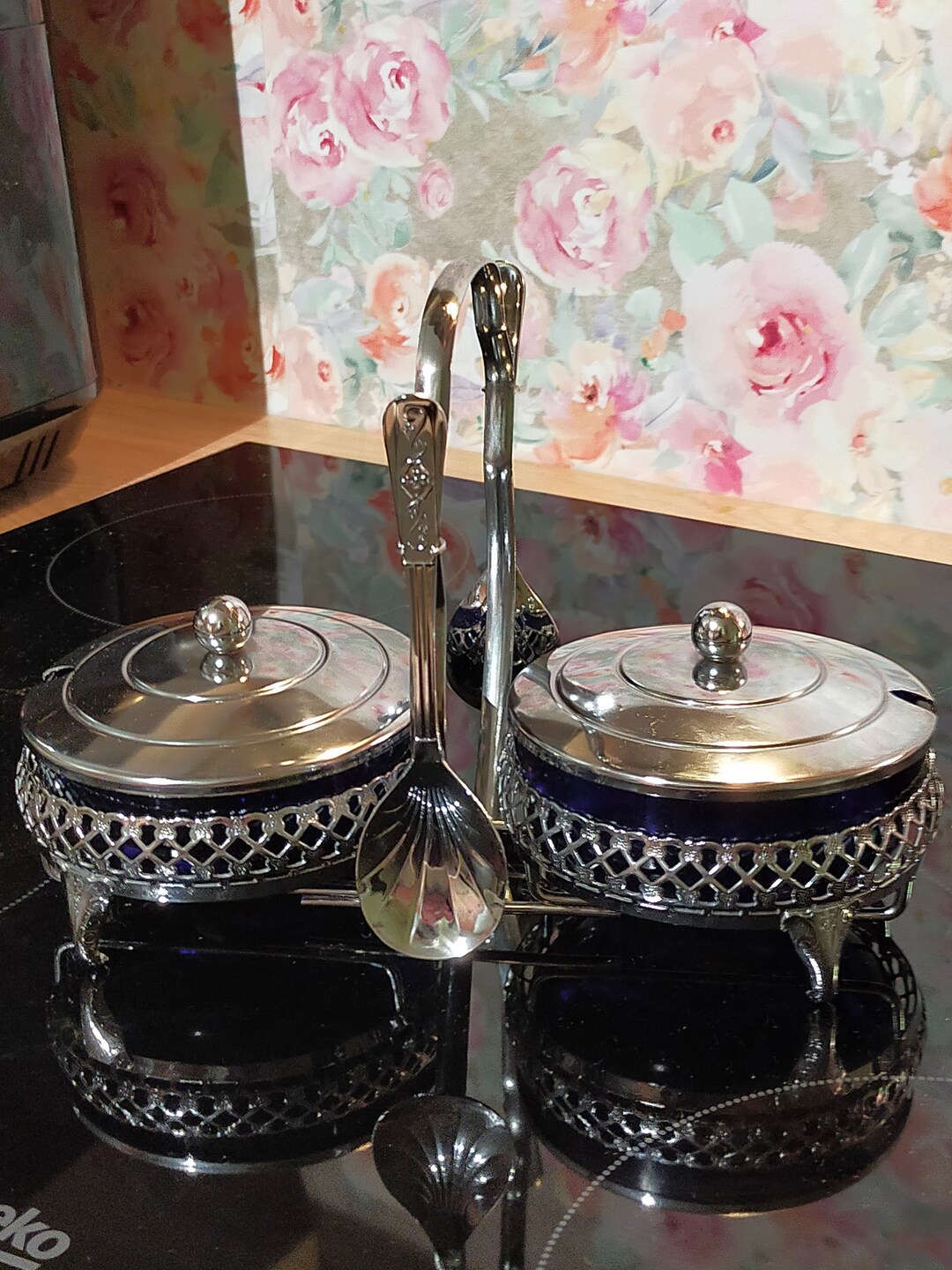 Vintage Chrome and Cobalt Blue Glass Condiment Set - Etsy