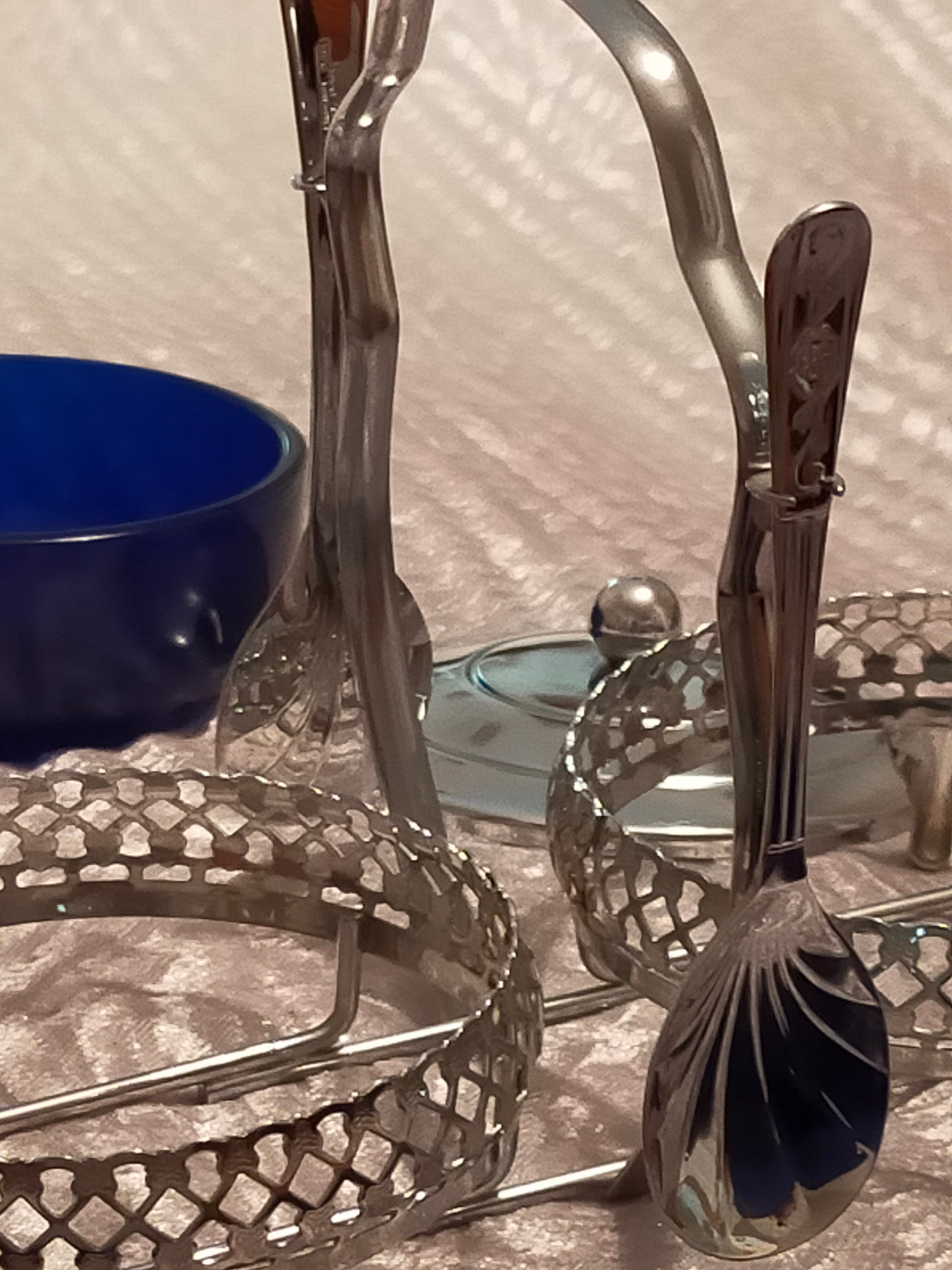 Vintage Chrome and Cobalt Blue Glass Condiment Set - Etsy