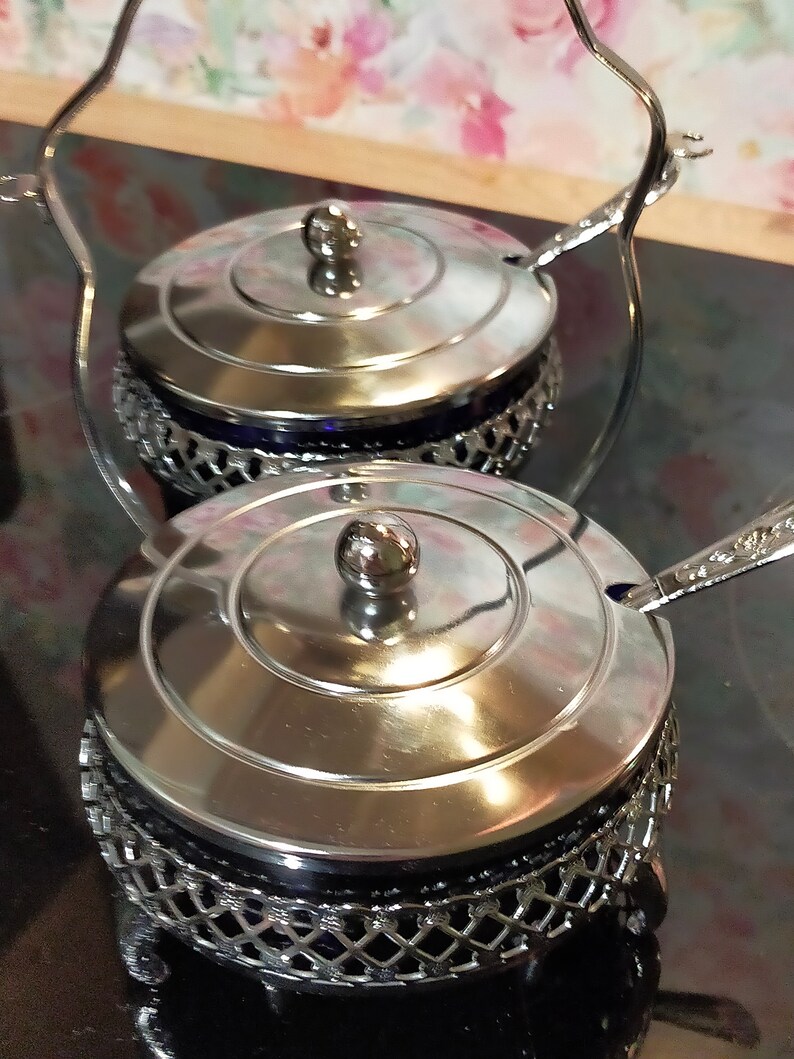 Vintage Chrome and Cobalt Blue Glass Condiment Set - Etsy