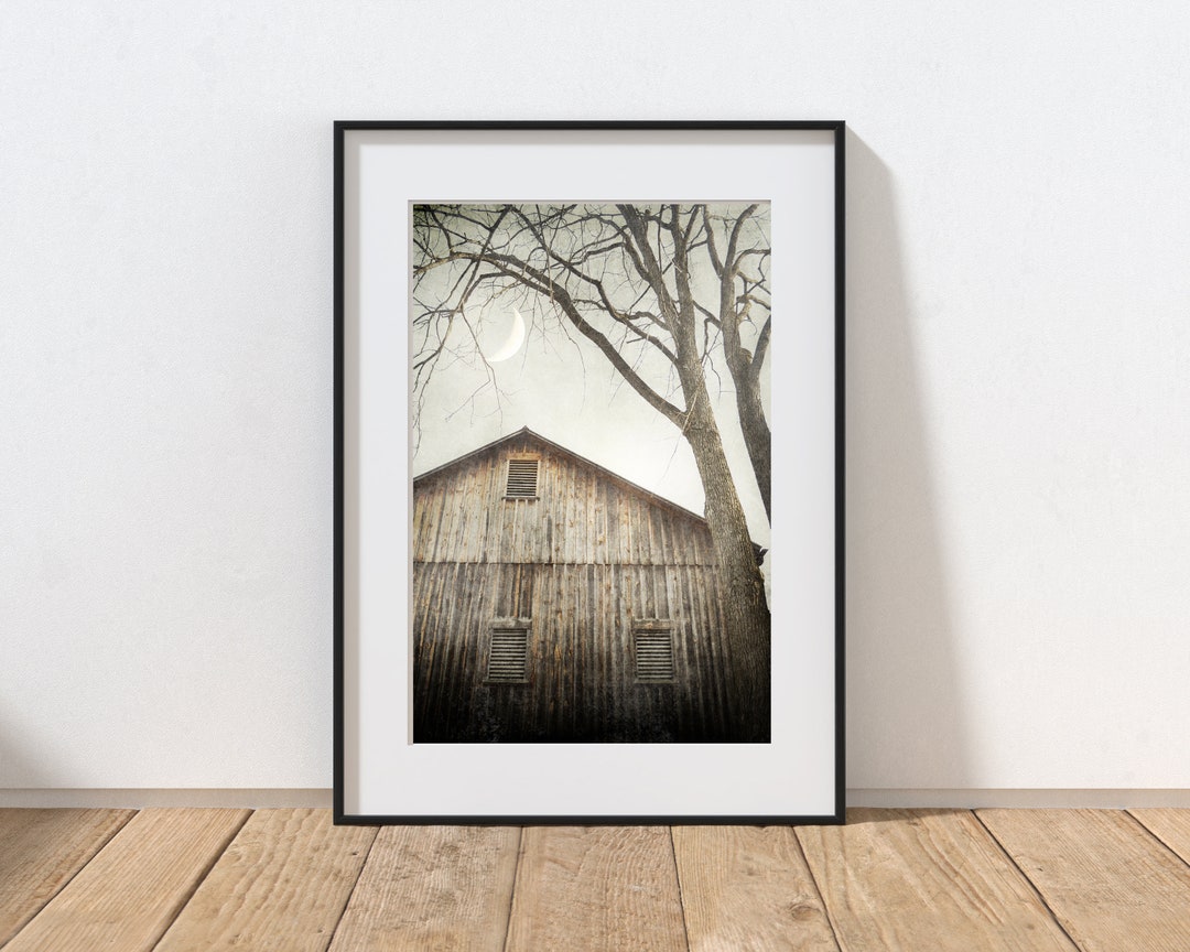 Barn Photography Print, Rustic Farmhouse Decor, Moon Art, Winter Trees ...