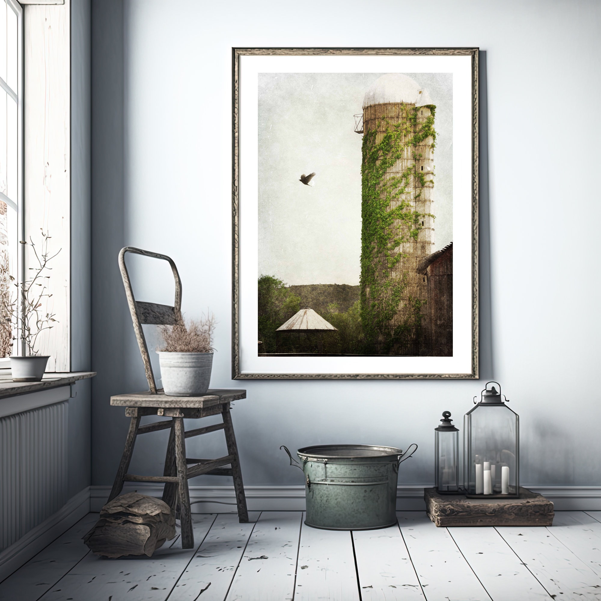 Barn Silo Photography Print, Rustic Farmhouse Decor, Home Decor, Ivy ...