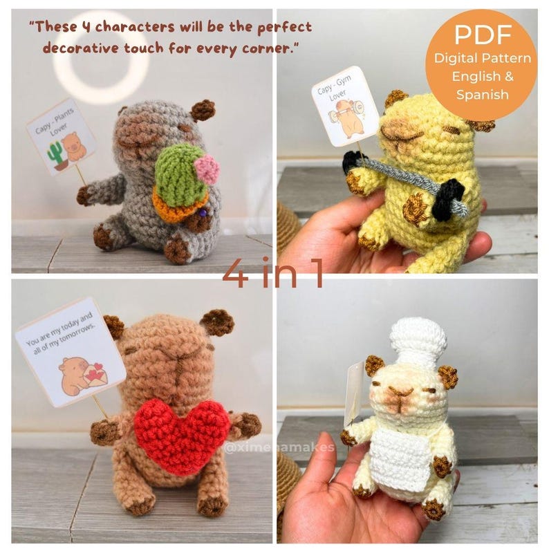 Capybara Amigurumi Crochet Pattern PDF– 4-in-1 Designs Chef Plant Lover ...