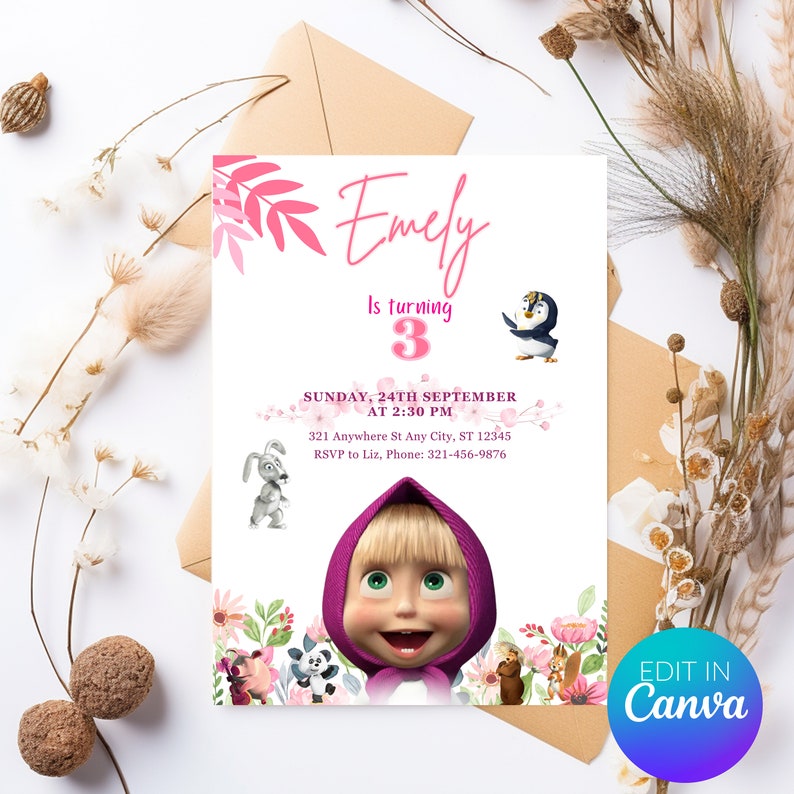 Masha and Bear Birthday Invitation, Invitation Template, Printable ...