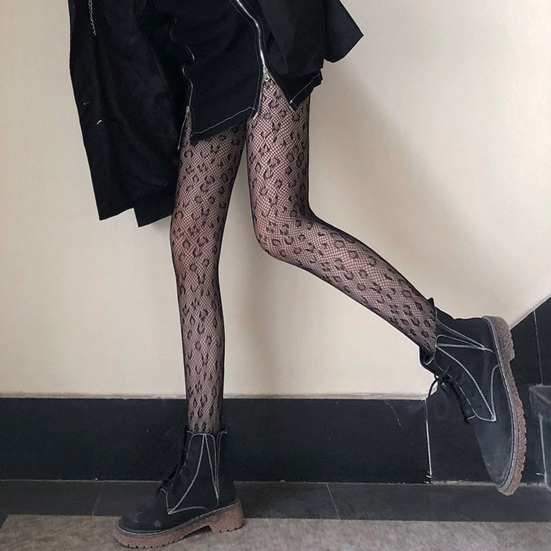 Leopard Print Patterned Black Fishnets Gothic Emo Fishnet Stockings ...
