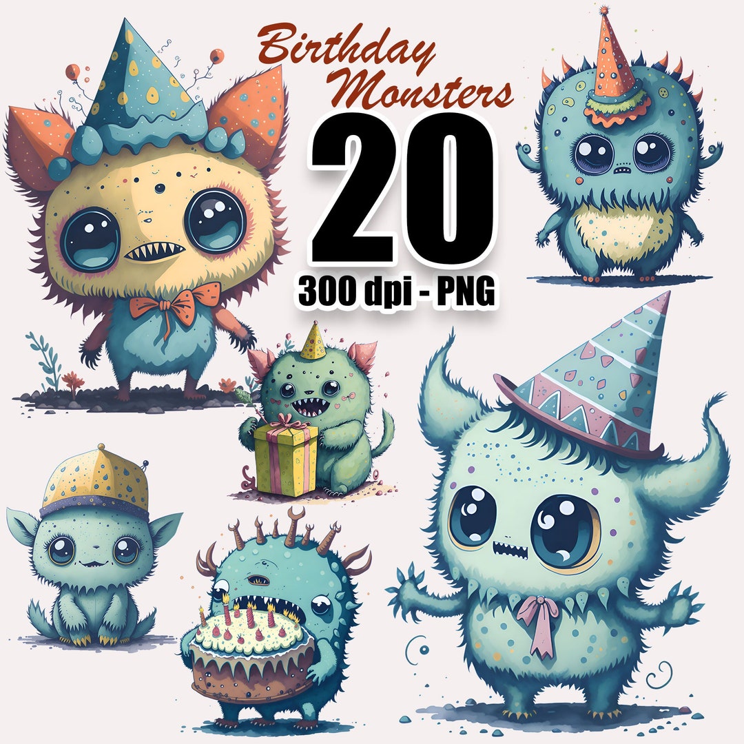20 PNG Watercolor Birthday Monsters Clipart Bundle, Fantasy Monsters ...