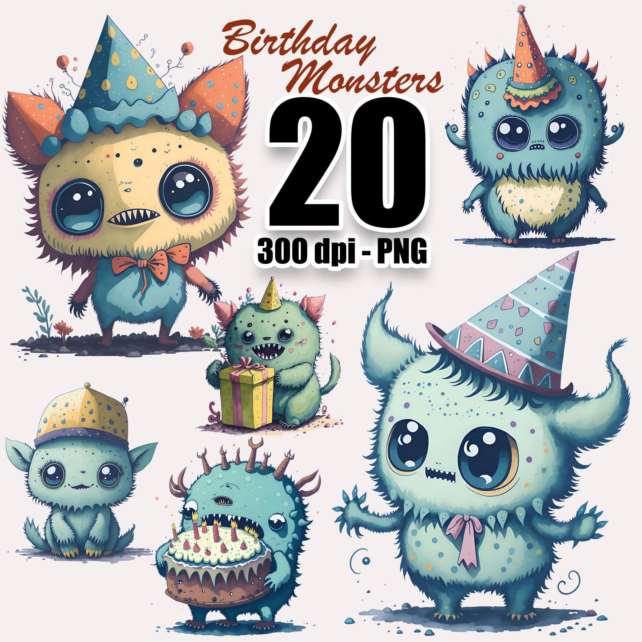 20 PNG Watercolor Birthday Monsters Clipart Bundle, Fantasy Monsters ...