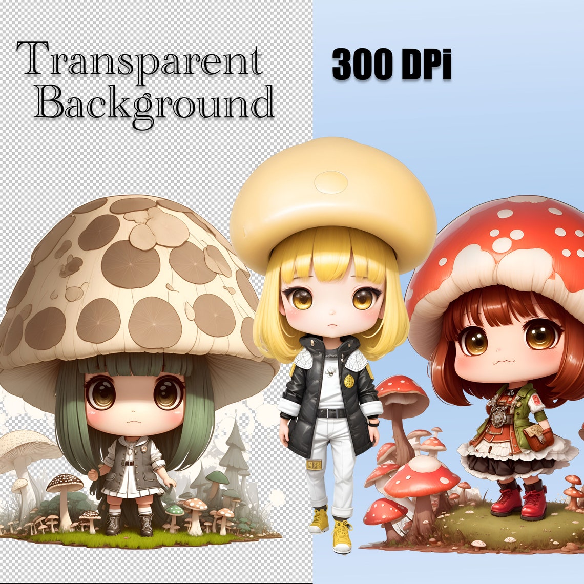 Abstract Watercolor Cute Mushroom Chibi, PNG Clipart Bundle, Graphics ...