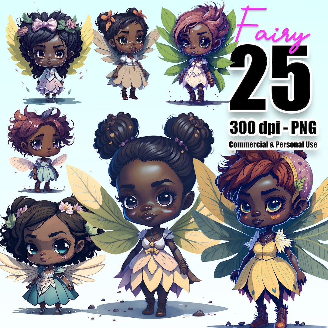 25 African American Fairy, Cute Black Watercolor Girl Fairy, Watercolor ...