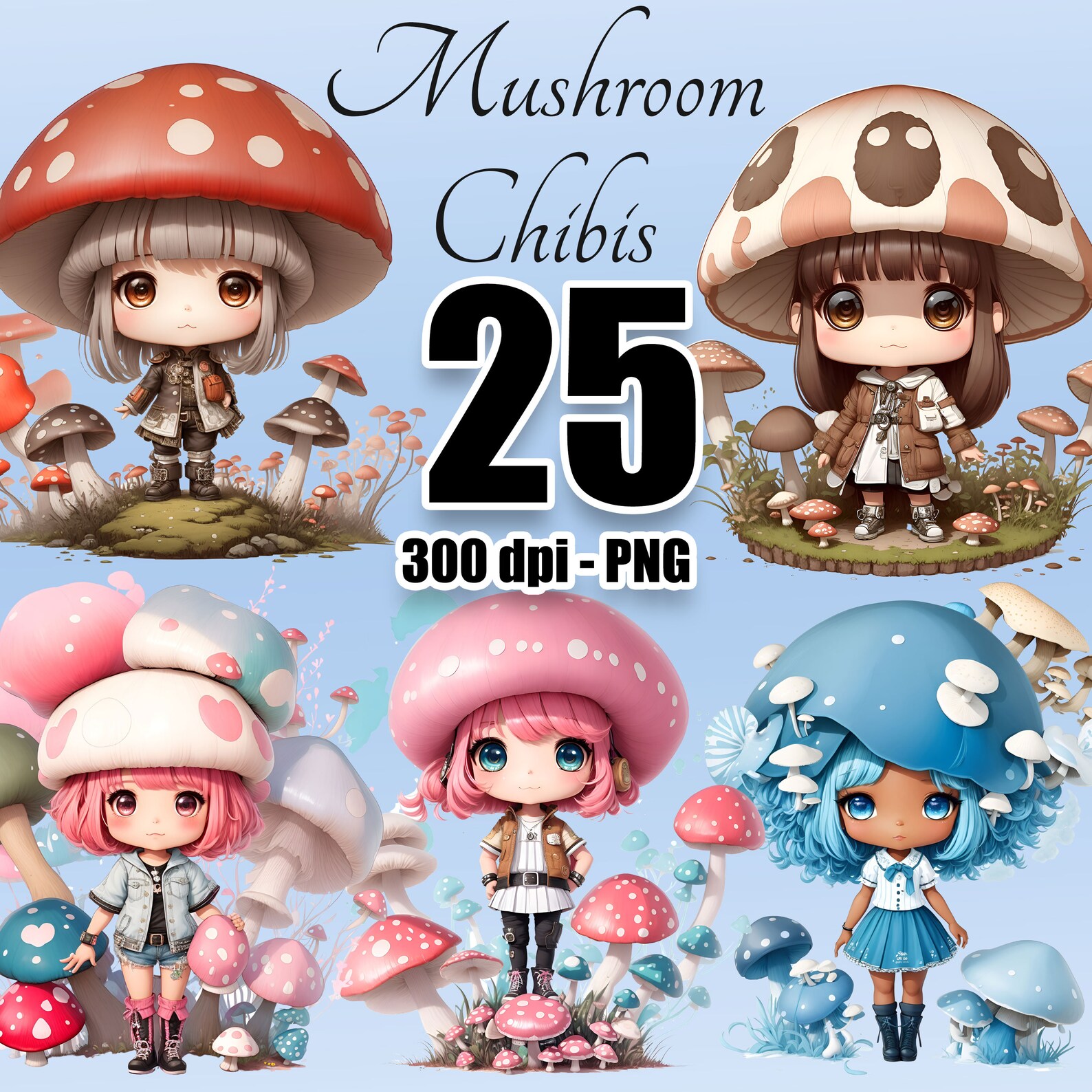 Abstract Watercolor Cute Mushroom Chibi, PNG Clipart Bundle, Graphics ...