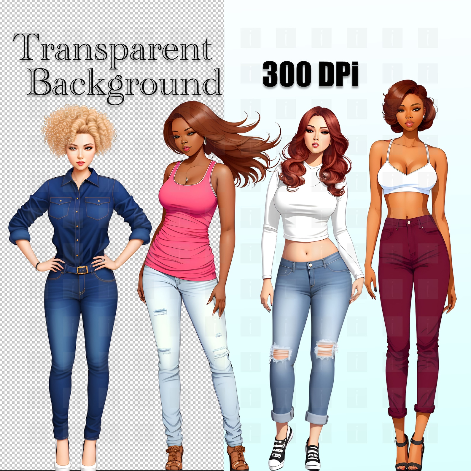 Denim Girl Clipart, Curvy Girl Clipart, Fashion Girl Clipart, Jeans ...