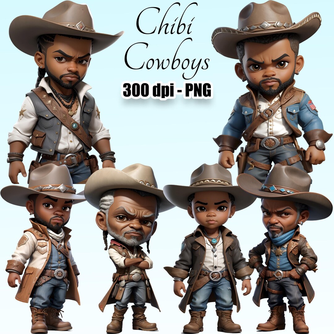 Black Chibi Cowboys Clipart, Western Fashion, Cowboy Boots Hats, Black ...
