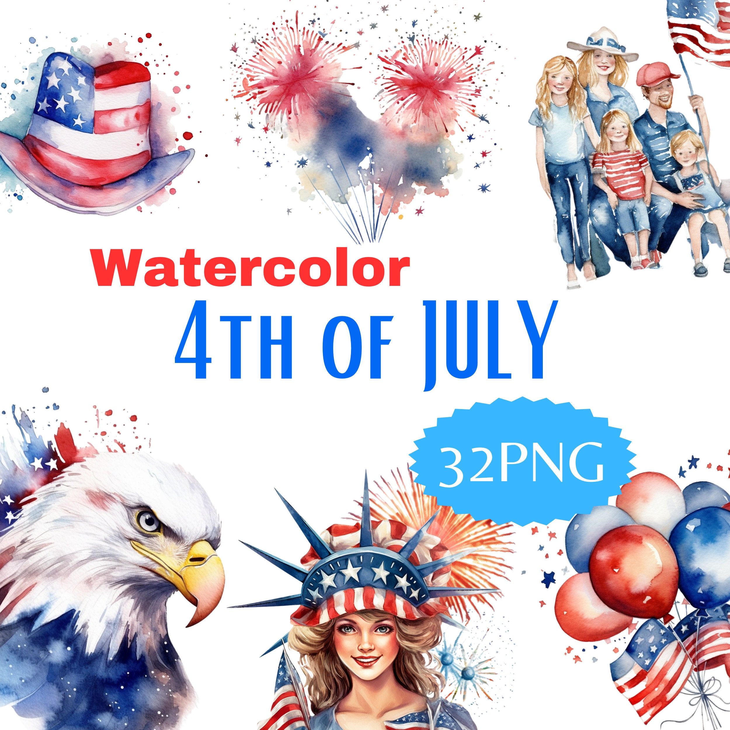 Watercolor Fourth of July Clipart, Graphics Bundle, BBQ, Digital 4th of ...